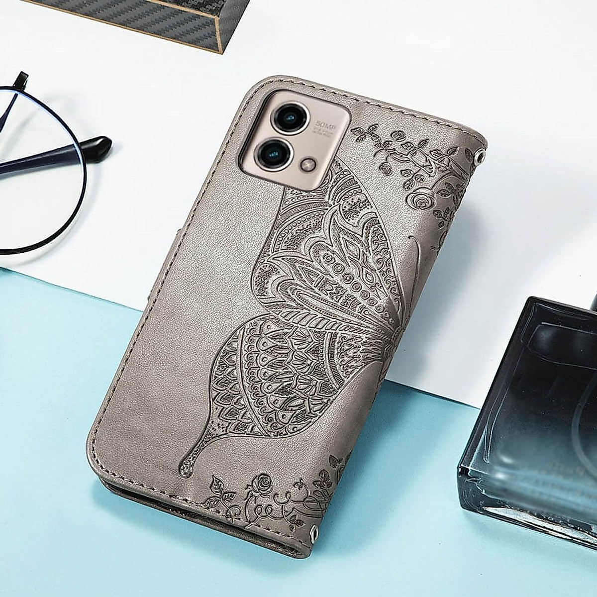 KRHGEIK for Motorola Moto G Stylus 5G 2023 Case Wallet,Women Flip Folio Cover with Butterfly Emboss PU Leather Stand Card Slots Wrist Strap Protective Phone Case for Moto G Stylus 5G 2023 (Gray)