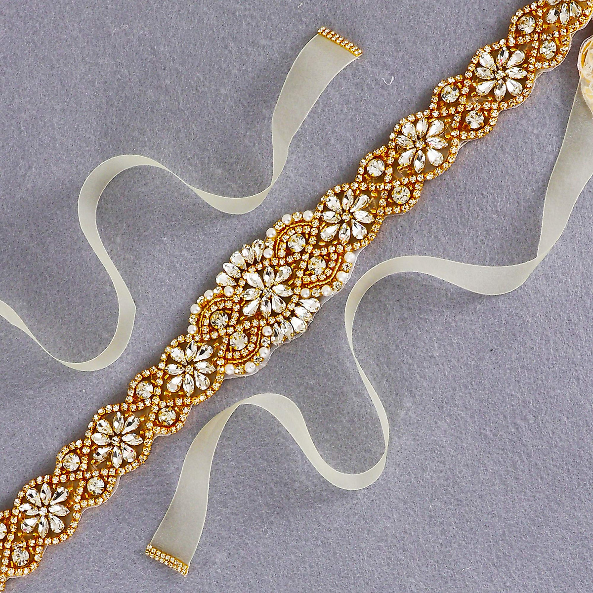 yanstar Bridal Rhinestone Wedding Belts Hand Clear Crystal 22In Length with Ivory Organza Ribbon for Bridal Gowns