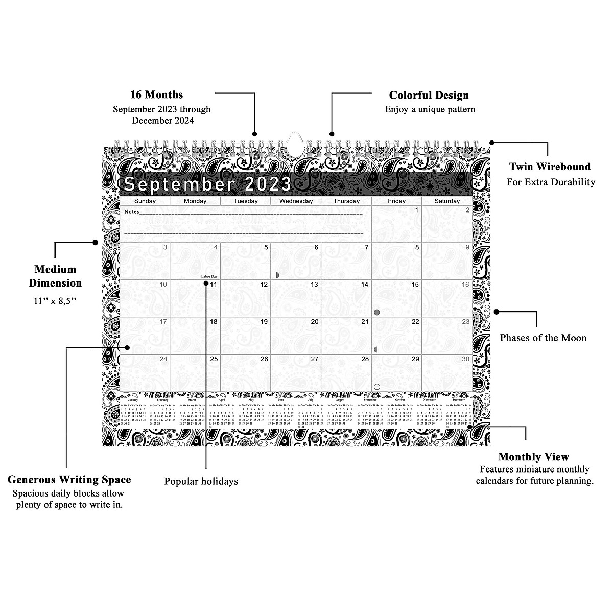 2023-2024 Monthly Spiral-Bound Wall/Desk Calendar - 16 Months Desktop/Wall Blotter Calendar/Planner - (Black&White Paisley - Edition #011)