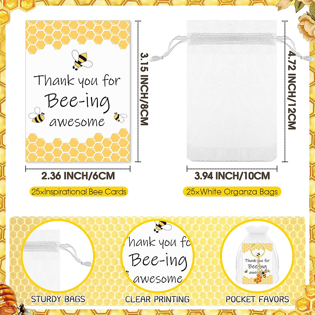 Landical 25 Sets Employee Appreciation Gift Cute Keychains Thank You Cards and Organza Bag Inspirational Gifts for Coworker (Bee)