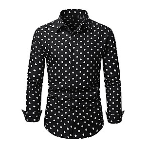 WDIRARA Men's Polka Dots Button Front Long Sleeve Collar Shirt Casual Tops Black L