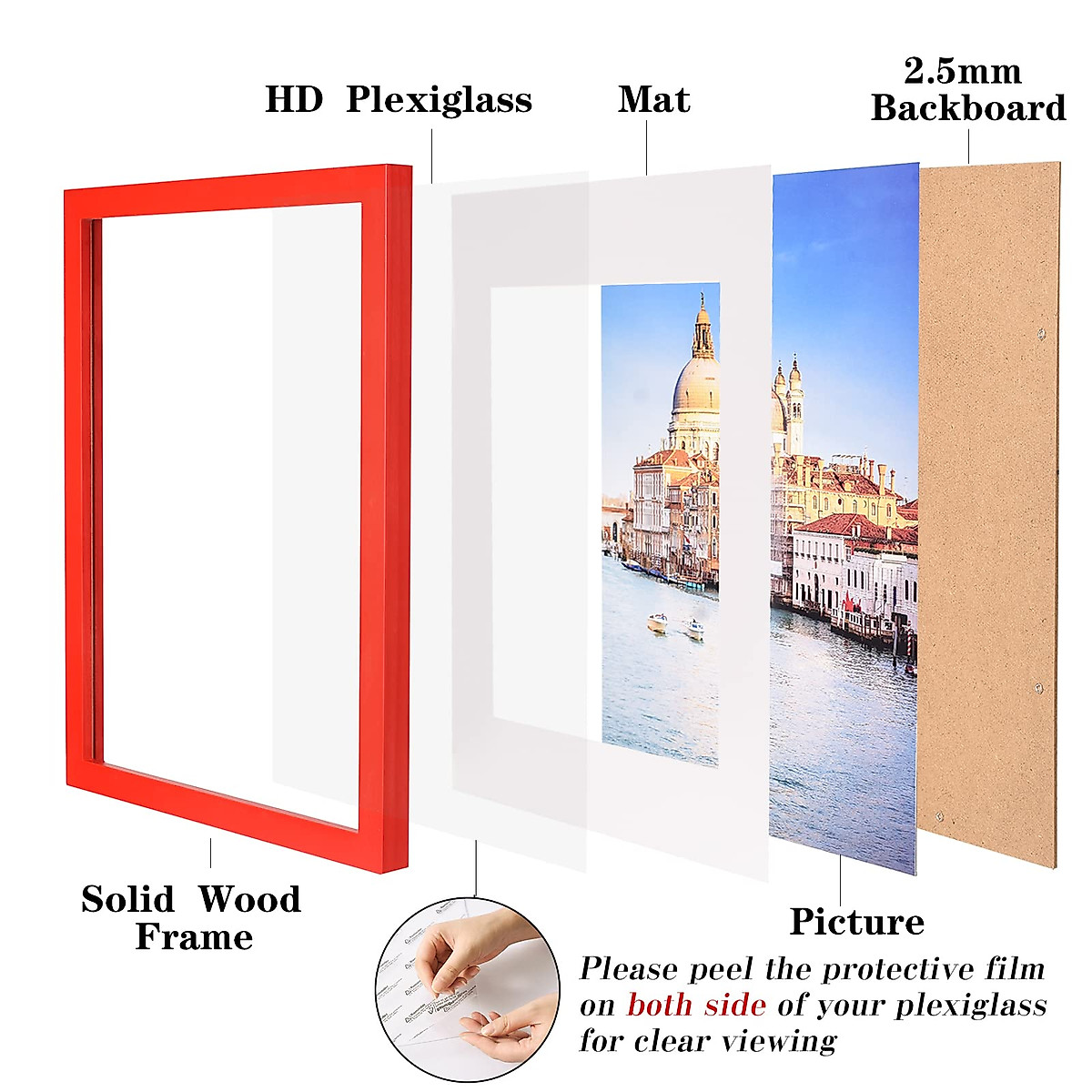 wyooxoo Picture Frame 12x16 inches, Red Solid Wood, High Definition PlexiGlass, Matted, Wall Mount or Tabletop, Ideal for Grandparents Day, Birthday, Graduation