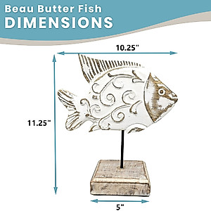 Wooden Fish Sculpture Home Decor | Handmade Beau Butter Fish Statue on Base Stand | Nautical Beach House Decor Rustic Centerpiece Table Decor for Office, Living Room (Beau Butter Fish)