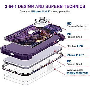 Miqala for iPhone 11 Case with 2 Tempered Glass Screen Protector+ 2 Camera Lens Protector,Three Layer Shockproof Heavy Duty Full Body Protective Case for Apple iPhone 11 6.1 inch.,Purple