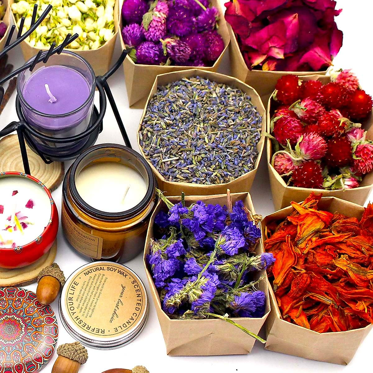 16 Bags Set Dried Flowers Artisan Dried Flower Kit - Candle Making Soap Making DIY Candel Flowers-,Lavender,Roseleaf,Pink Rose,Red Rose,Jasmine,Rose Petal and More