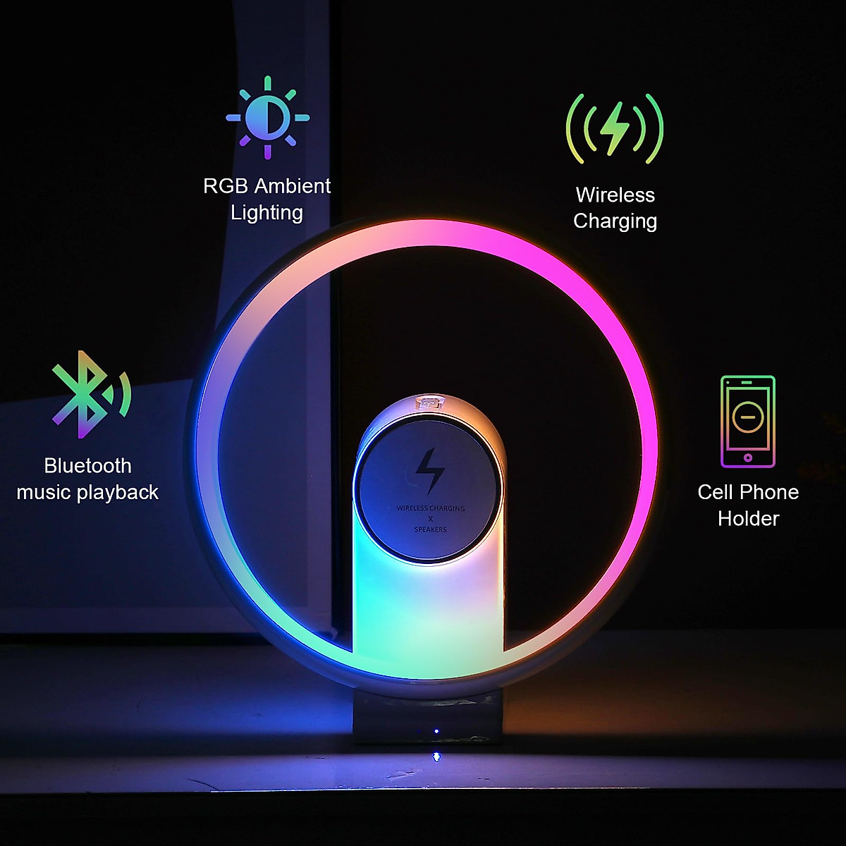 NOTIKS Bedside Lamp,Bluetooth Speaker Table Light with 15W Wireless Charger&USB Port,Phone Holder with Dynamic Color,3 Modes Brightness for Bedroom Nightstand lamp,Girls Boys Room Décor,Gift Ideas