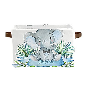 Personalized Elephant Blue Polka Dots Storage Basket Bin with Name Large Storage Cube Box with Handles for Home Office Bedroom Closet Shelves(1 Pack)