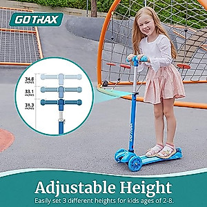 Gotrax KS1 Kids Kick Scooter, LED Lighted Wheels and 3 Adjustable Height Handlebars, Lean-to-Steer & Widen Anti-Slip Deck, 3 Wheel Scooter for Boys & Girls Ages 2-8 and up to 100 Lbs (Blue)