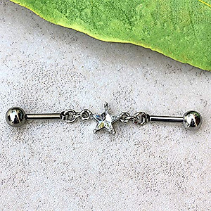 Pierced Owl 14GA 316L Stainless Steel CZ Crystal Star Connecting Chain Industrial Barbell
