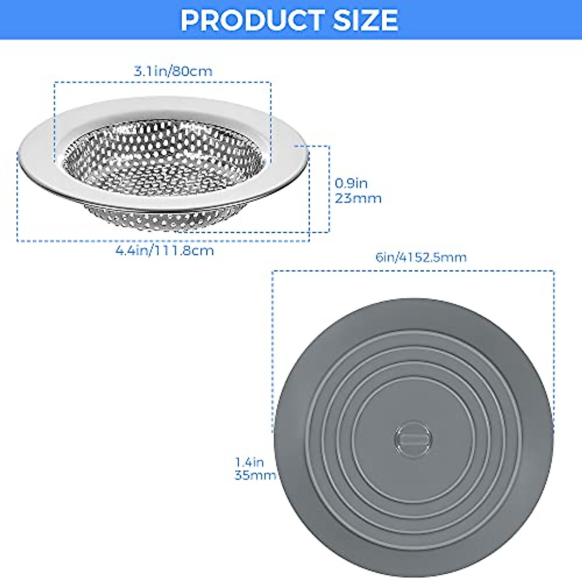 4 Pcs Kitchen Sink Strainer Stopper Kit, 4.5 Inch Stainless Steel Sink Drain Strainer, Thicken Drain Filter Strainer with Large Wide Rim, 6 inch Silicone Tub Stopper, Universal Rubber Drain Stopper
