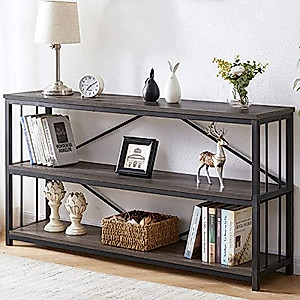 LVB Industrial Console Table, Metal and Wood Sofa Table, Rustic Entryway Table with Storage, Modern 3 Tier Shelf Long Foyer Tables Behind Couch for Home Living Room Hallway, Dark Gray Oak, 55 Inch