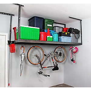 MonsterRax Overhead Garage Storage Racks 3x8’ (2-Pack) Ceiling Mounted Shelving, Adjustable Hanging Organizer, Heavy Duty Steel, Holds 500 Pounds, Color:Hammertone, Adjustable12"-21” from Ceiling