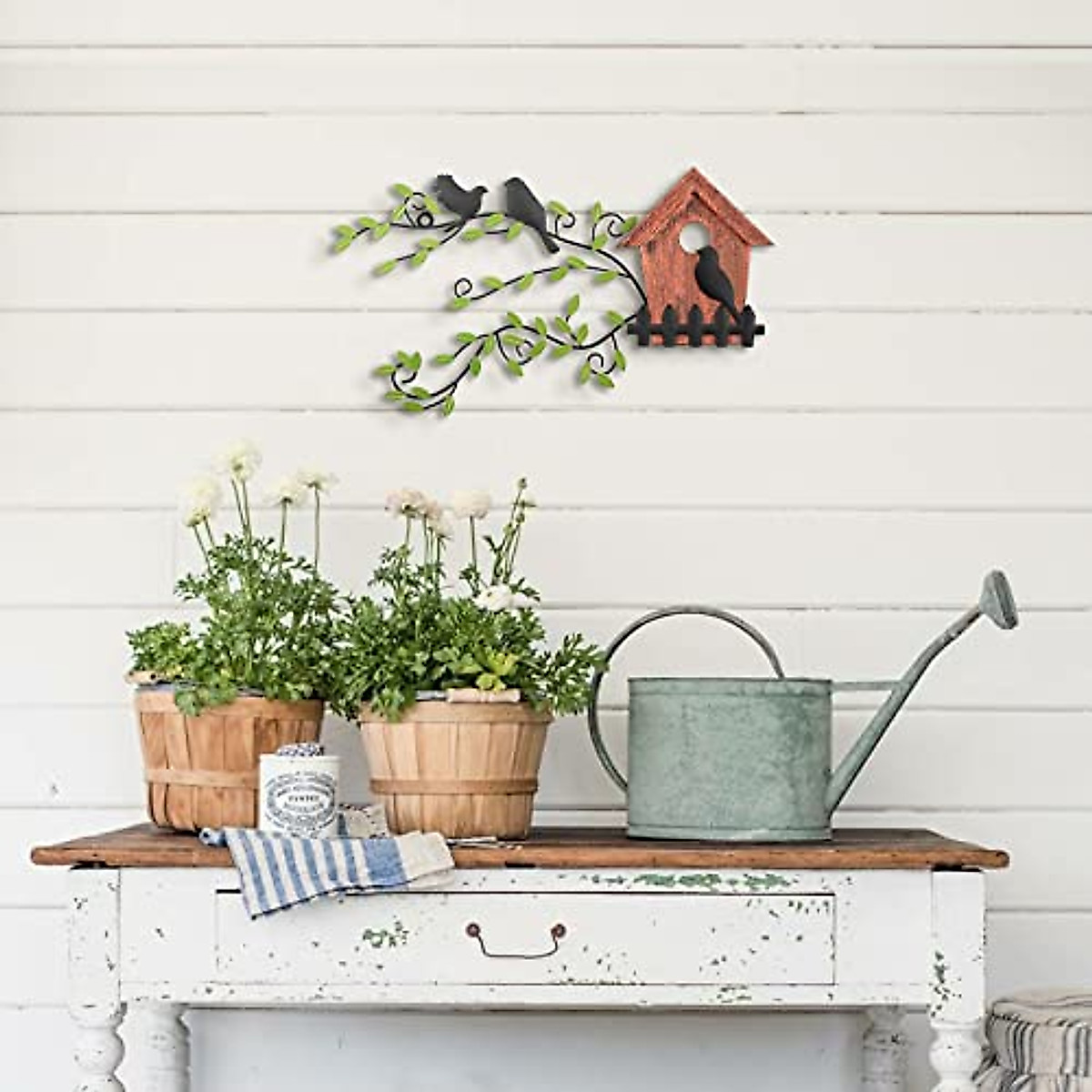 WGFKVAS Metal Birds Leaf Wall Decor, Birdhouse Vine Olive Branch Leaf Wall Art, Cast Iron Scroll Sculptures Hanging Decorations for Outdoor, Indoor, Garden, Back Yard, Patio