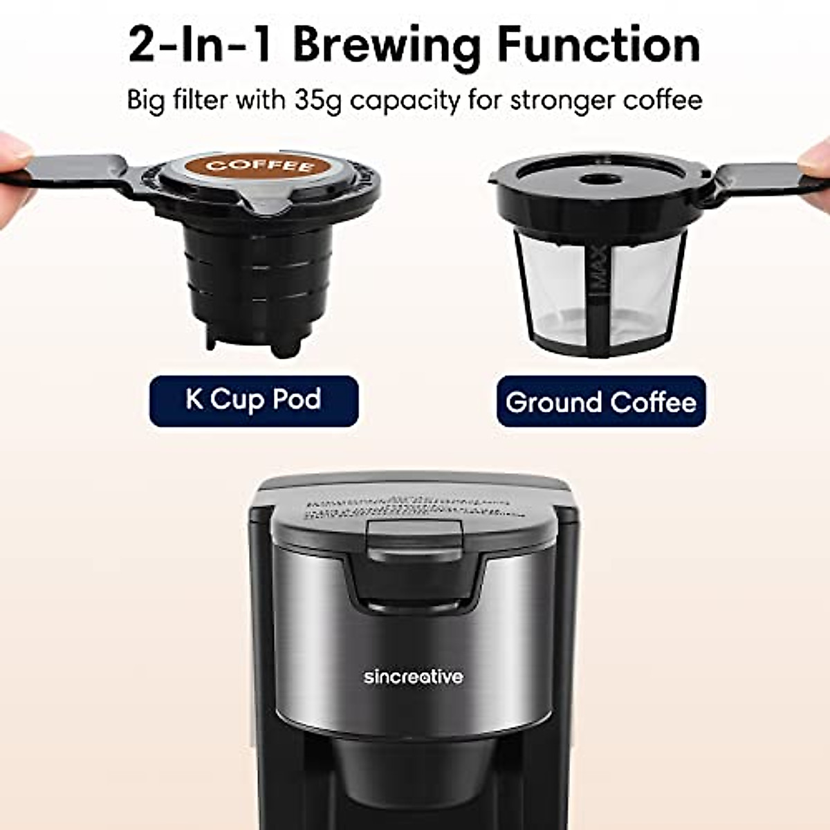 Single Serve Coffee Maker with Milk Frother, 2-In-1 Cappuccino Coffee Machine for K Cup Pod and Ground Coffee, Single Cup Brewer Compact Latte Maker with 30 oz Detachable Reservoir, Black