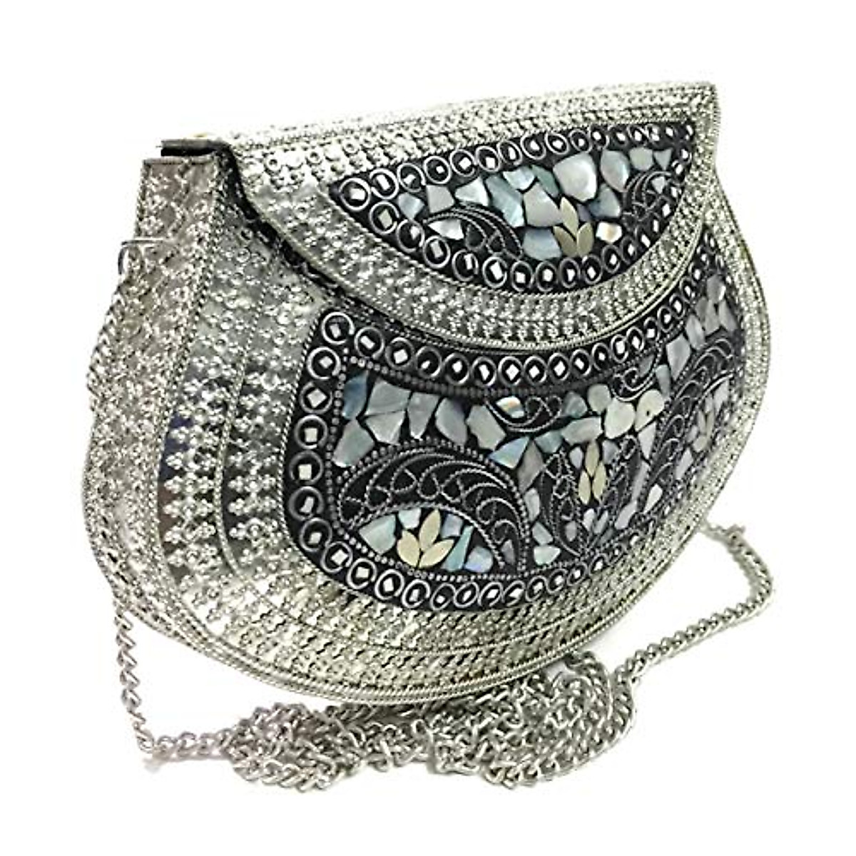 Ethnic Clutch Gift Metal Bag Metal Clutch Vintage Handmade Bags Metal Mosaic Stone Bag, Shell Purse, Sling Bag, Party Bag (Silver)