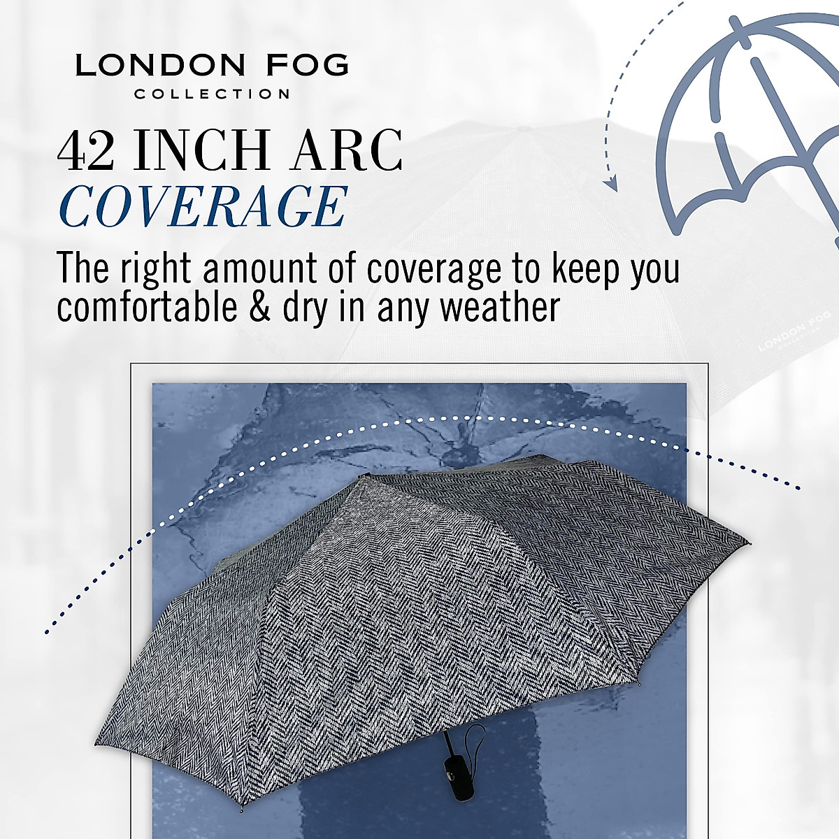 London Fog Mini Rain Umbrella, Automatic Folding Umbrella, Windproof, Lightweight and Packable for Travel, Full 42 Inch Arc, Herringbone