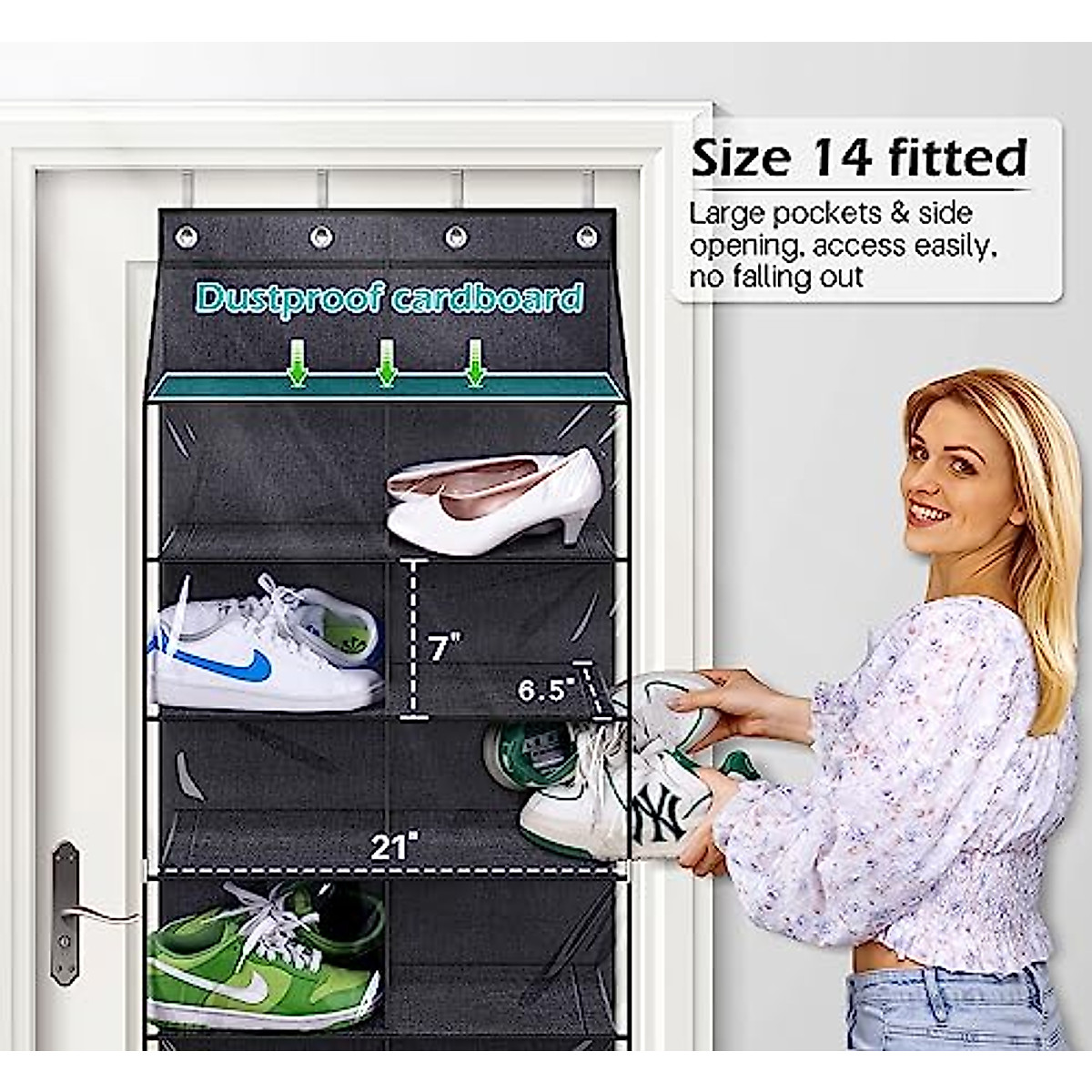 MISSLO Over the Door Shoe Rack for Door fit 14 Pairs Dustproof Over the Door Shoe Organizer Hanging for Closet Storage