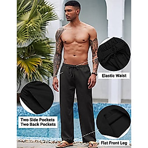 COOFANDY Men's Linen Casual Pants Summer Spring Beach Jog Elastic Waist Trousers A- Black