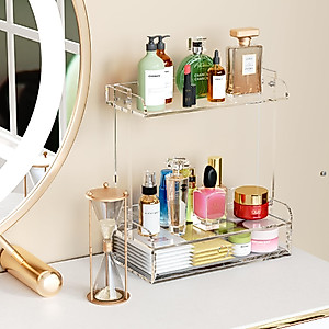 Hongtuocb 2 Tier Clear Acrylic Bathroom Counter Organizer with Drawer,Acrylic Vanity Tray for Makeup Organizer,Skin Care Organizer,Kicthen and Office
