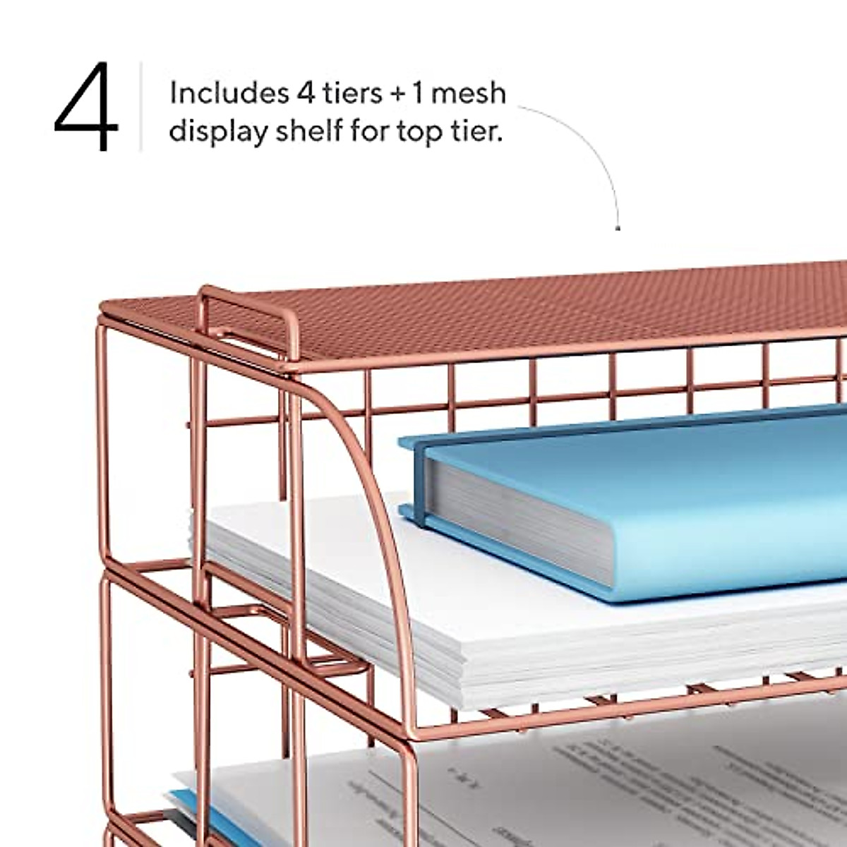 File Organizer for Desk, Letter Tray Desk Organizer, 4 Tier Desk Organizers and Accessories, File Folder Organizer, Desk File Organizer - Office Organization, 1 Upper Shelf, Wire Collection, Rose Gold
