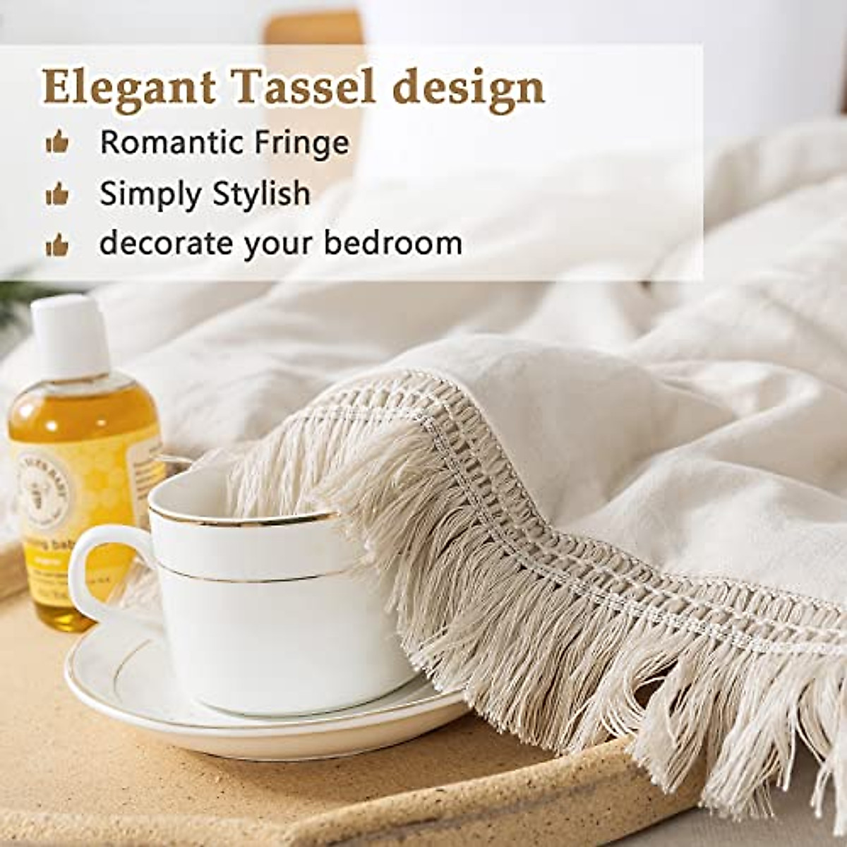 Andency Beige Comforter Set California King, Boho Tassel Lightweight Bedding Comforter Sets, 3 Pieces All Season Soft Fluffy Fringe Bed Set (104x96In Comforter & 2 Pillowcases)