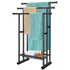 Kayfia 40" H Free Standing Towel Rack, 3 Tier Alloy Steel Towel Rack Stand with Basket, Blanket Drying and Display Rack for Oversized Bath Towels Bathroom Accessories, Next to Tub or Shower (Black)