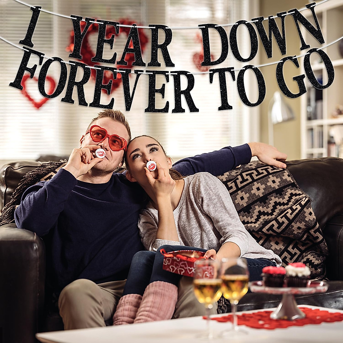 1 Year Down Forever to Go Banner, 1 Year of Marriage Gift, Happy 1st Wedding Anniversary Party Decoration Supplies, Black Glitter