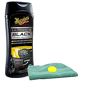 Meguiar's Ultimate Black Plastic Restorer (12 oz) Bundle with Microfiber Cloth & Foam Pad (3 Items)