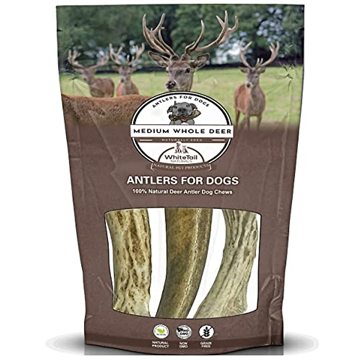 WhiteTail Naturals | 3 Pack Medium | Deer Antler Dog Chews | All Natural Organic Antlers for Dogs | Long Lasting Antler Bones for Dogs | Durable Antler Dog Toy
