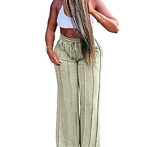 PINSV Women's Casual Wide Leg Pants High Waisted Drawstring Baggy Sweatpants Elastic Straight Leg Trousers Pull On Lounge Pants Grey 722 XL