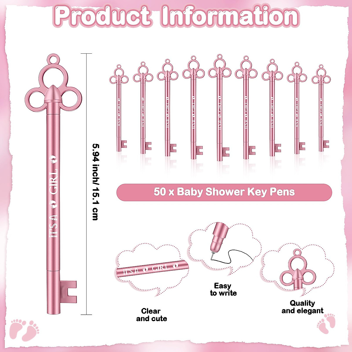 Geyoga 50 Sets Baby Shower Party Favors 50 Fancy Key Shape Pens It's a Girl/ Boy Key Gel Ink Pens 50 Thank You Cards Small Gift Cards 50 Organza Bags for Guests Gender Reveal Party Favors (Pink,Girl)