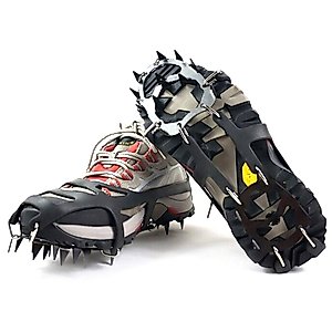 AkoMatial 18 Teeth Anti-Slip Ice Snow Grips Shoe Boot Ice Traction Cleats Spikes Teeth Claws Crampons for Outdoor Hiking Fishing Travelling Climbing Hunting Black M