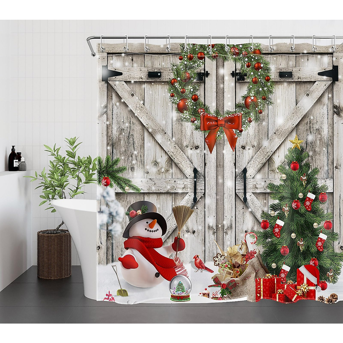 MEUNEAR Farmhouse Christmas Shower Curtain Set Snowman and Pine Tree with Red Xmas Ball Cardinals on Barn Door Shower Curtain for Bathroom, Winter Snowflake Shower Curtain with Hooks, 72L X 72W inches