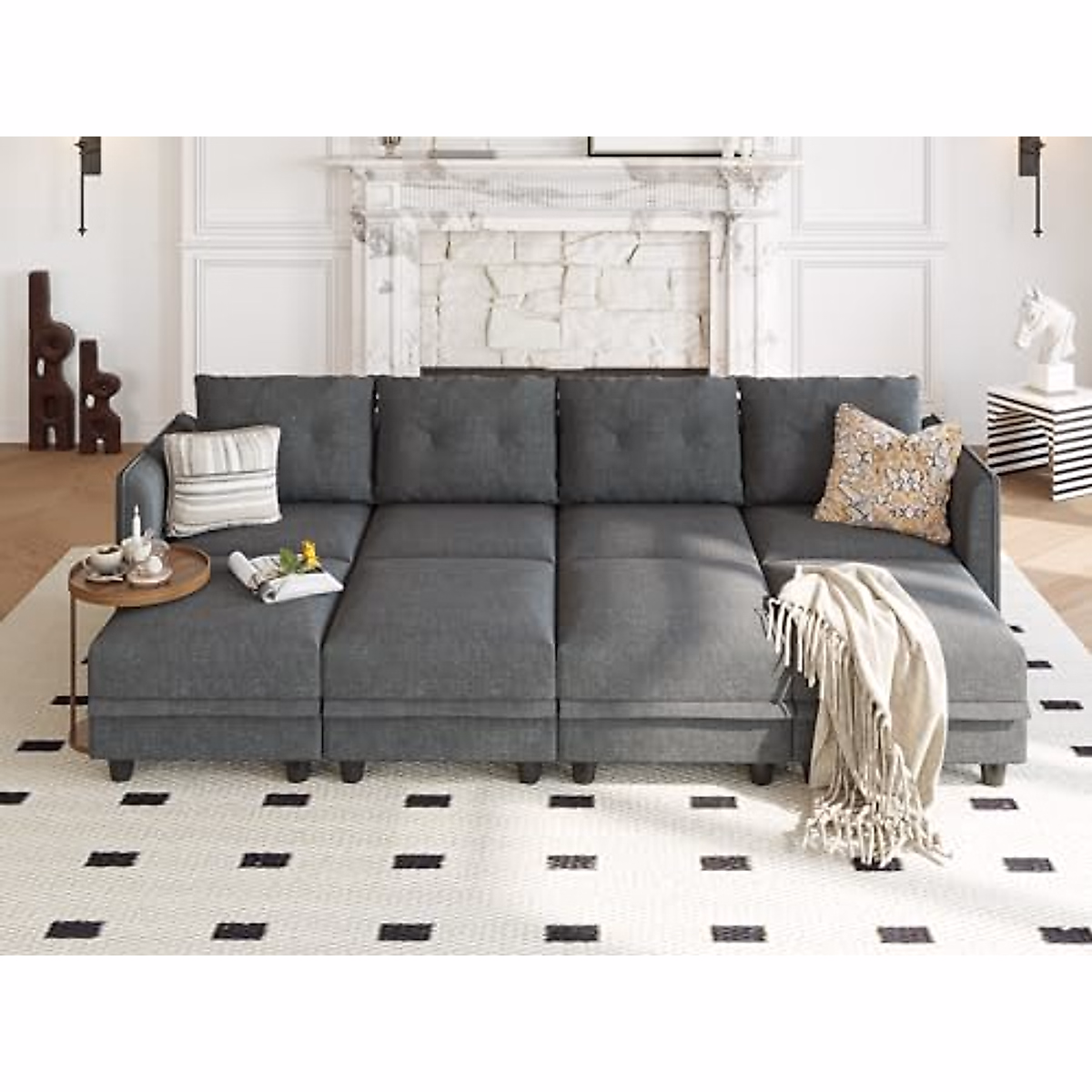 LLappuil Modular Sofa Sectional Sleeper Couch with Reversible Chaise, Oversized 8 Seater Storage Sectionals with Ottoman, Black