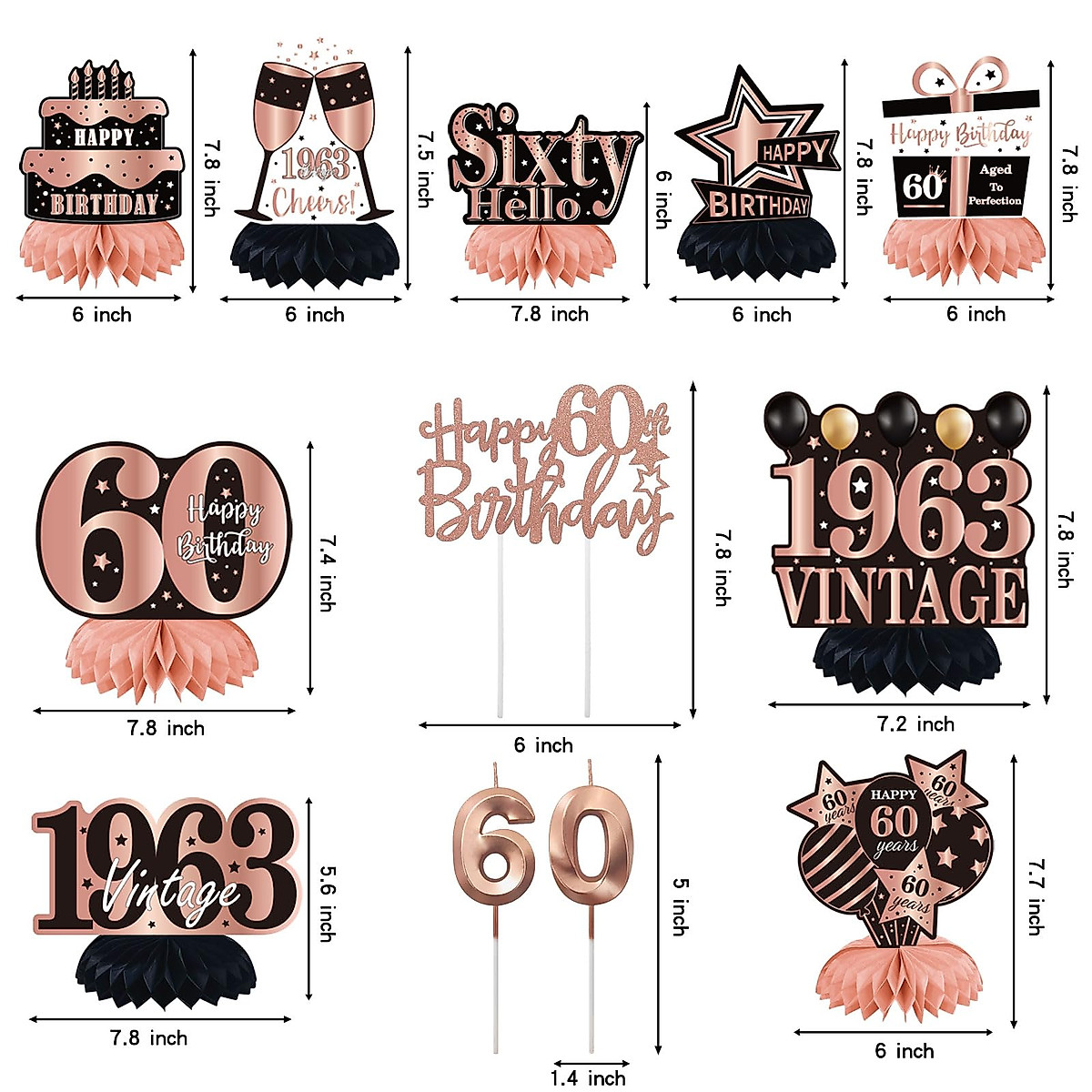 12Pcs 60th Birthday Decorations Women, Including 60th Birthday Honeycomb Centerpieces Decorations, Cake Topper and Candles, 1963 Birthday Table Sign Décor