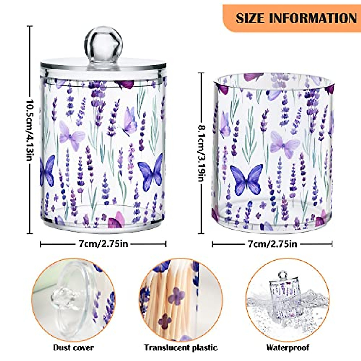 Kigai 2 Pack Lavender Flower Qtip Holders Dispenser Bathroom Vanity Organizers Clear Plastic Apothecary Jars with Lids for Cotton Ball, Cotton Swab, Cotton Round Pads, Floss