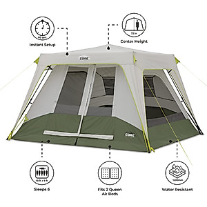 CORE 6 Person Instant Cabin Tent | Portable Large Pop Up Tent with Easy 60 Second Camp Setup for Family Camping | Included Hanging Organizer for Outdoor Camping Accessories