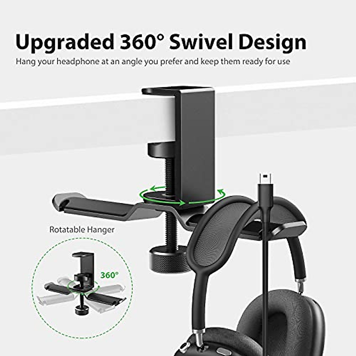 Dual Headphone Stand Hanger Under Desk, APPHOME 360 Degree Rotating PC Gaming Headset Holder Aluminum Clamp Hook Space Save Mount, Universal Fit All Headphones, Black