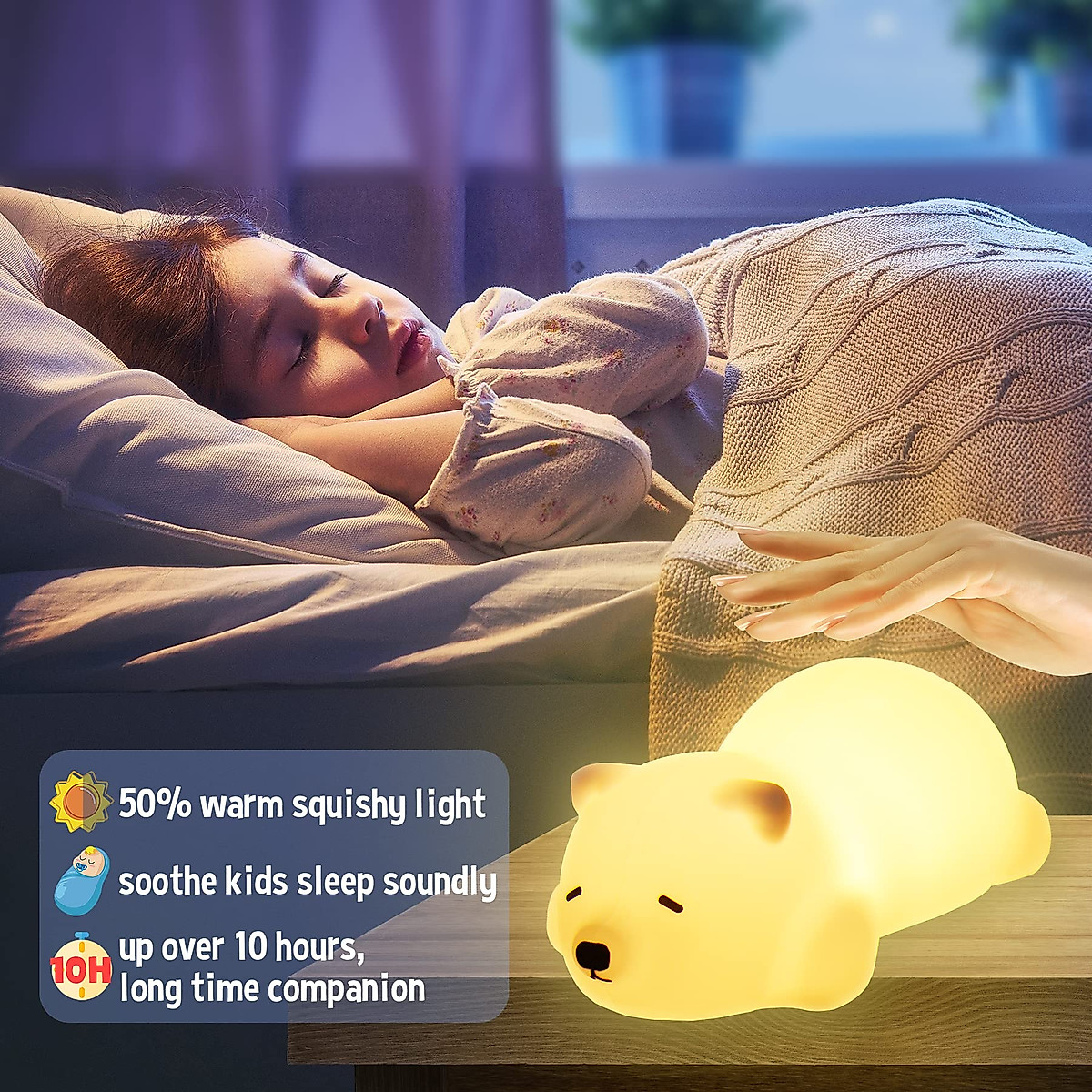 TWINKOPAT Sleeping Bear Night Light, Soft Animal Silicone Night Light for Kids Room Bedroom, Portable USB Rechargeable Squishy Lamp, Kawaii Room Decor, Cute Gifts for Infant Baby Toddler Children