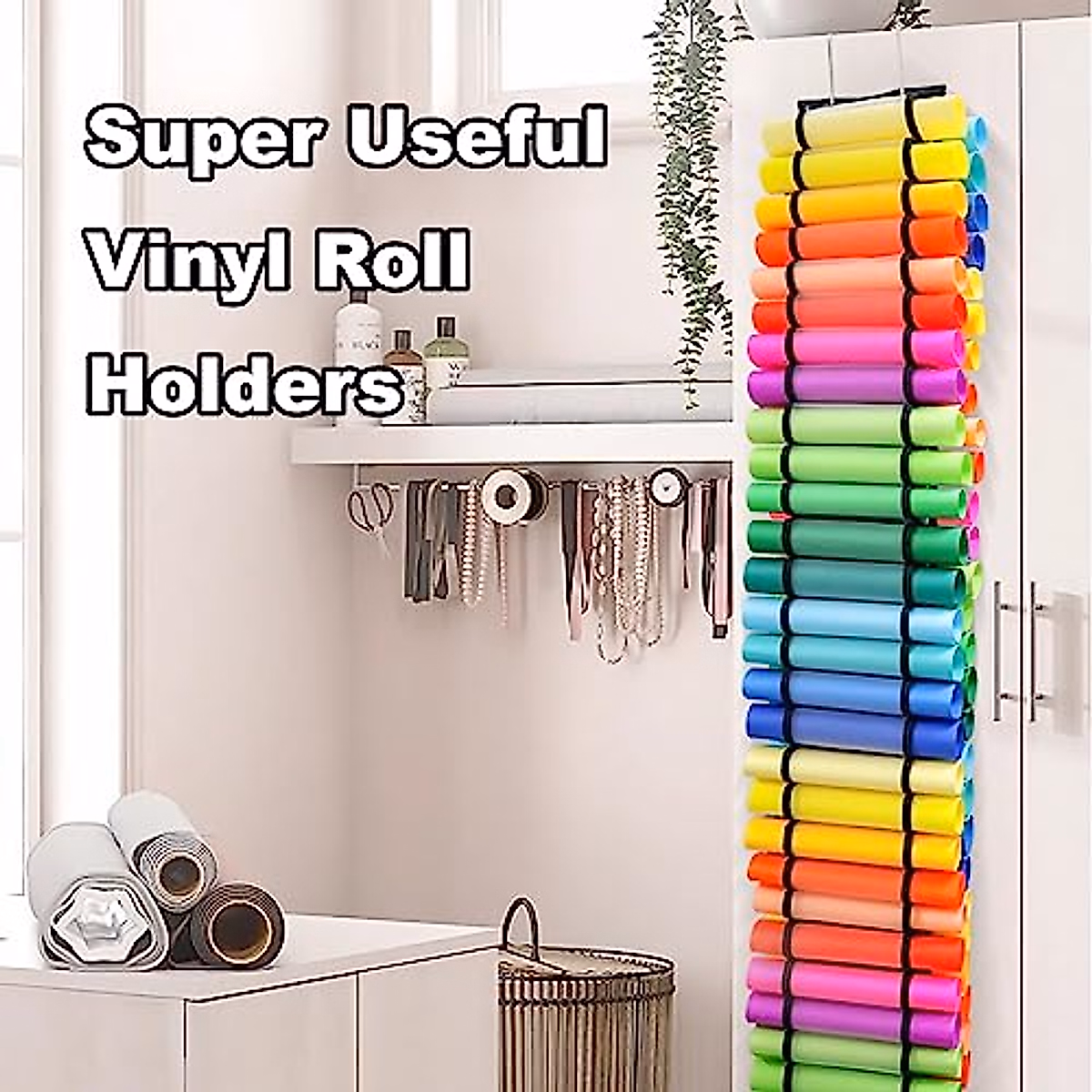 Vinyl Roll Holder, 60 Compartments Vinyl Roll Storage for Permanent Vinyl Organizer, Craft Storage Organizer,Vinyl Storage Rack for Home Crafts, Door/Wall Mount