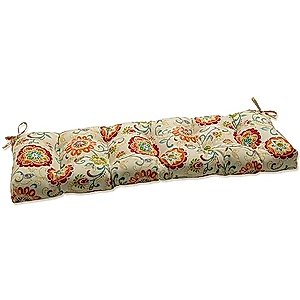 Pillow Perfect Bright Floral Indoor/Outdoor Sofa Setee Bench Swing Cushion with Ties Tufted, Weather, and Fade Resistant, 18" x 56", Tan Fanfare