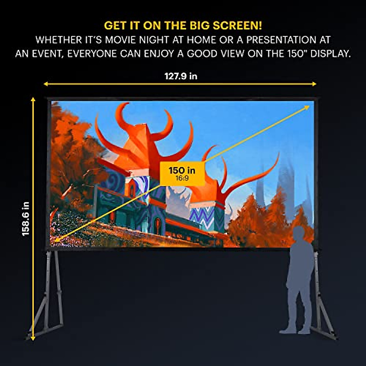 KODAK 150” Dual Projector Screen W/ Stand - Fast Fold Gray Rear Projection Backdrop for Outdoor & Indoor Movies with Tripod, Outdoor Stability Kit, & Black Storage Carry Case