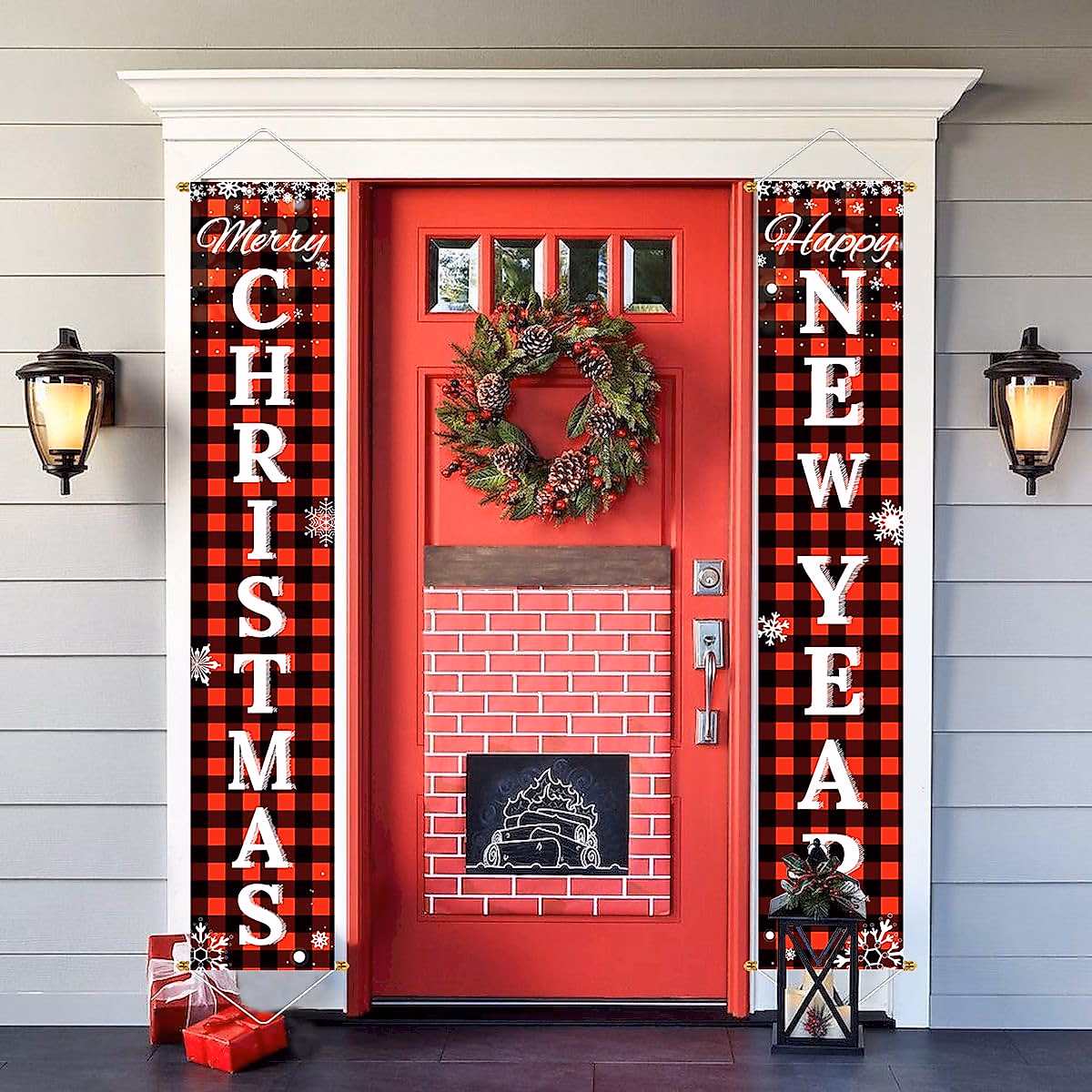 Ivenf Merry Christmas & Happy New Year Decorations, Red Black Buffalo Plaid Banner, 2 Pcs Front Porch Sign Set, Indoor Outdoor Yard Wall Home Decor