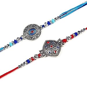 ARTISENIA Designer Rakhi Set of 2 Rakhi for Brother with Raksha Bandhan Greeting Card | Roli Chawal Tika - Raksha Bandhan Kundan Rakhi for Brother | Rakhi for Bhaiya | Rakhi Thread RNJ007