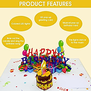 Birthday Card, Pop Up Birthday Cards with Music and Lights - Set of 3D Birthday Card and Birthday Balloon - Blow Candle and Plays "Happy Birthday" Song - 3D Pop Up Birthday Card for Kids Woman and Men - The Perfect Birthday Card with Envelope - Fun and Su