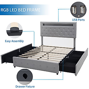 Fushimuma Queen LED Bed Frame with Drawers, Upholstered Platform Bed Frame with Adjustable Button Tufted Headboard and 2 USB Ports, Solid Wooden Slats Support, No Box Spring Needed, Light Grey