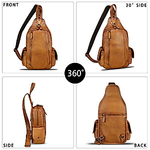 FEIGITOR Genuine Leather Sling Bag Handmade Retro Crossbody Backpack Purse Chest Shoulder Hiking Daypack Fanny Pack (Brown)