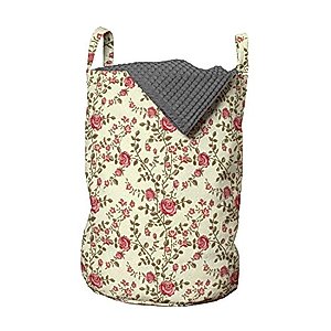 Lunarable Rose Laundry Bag, Roses Pattern Leaf Garden Floral Ornamental Feminine Vintage Design Art, Hamper Basket with Handles Drawstring Closure for Laundromats, 13" x 19", Dark Coral Brown Ivory