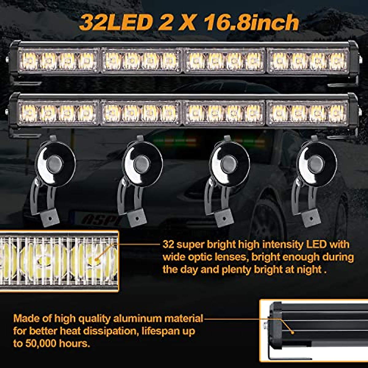 ASPL 2x16.8 inch 32LED Emergency Flashing Warning Strobe Lights Bar with 4 Vacuum Suction Cups 23 Flash Patterns Interior Safety LED Traffic Advisor Strobe Light for Trucks Vehicles (Amber/Green)