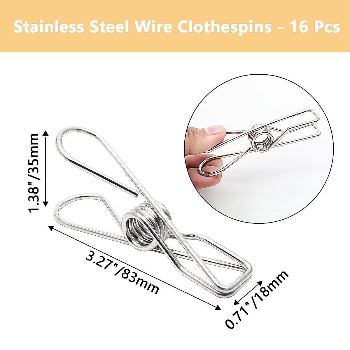 Rierdge Stainless Steel Wire Clothespins Laundry Chip, 3.3" Multi-Purpose Durable Heavy Duty Long-Lasting Strong-Grip Metal Clothesline Clips for Kitchen Bathroom Office, 16 Pack
